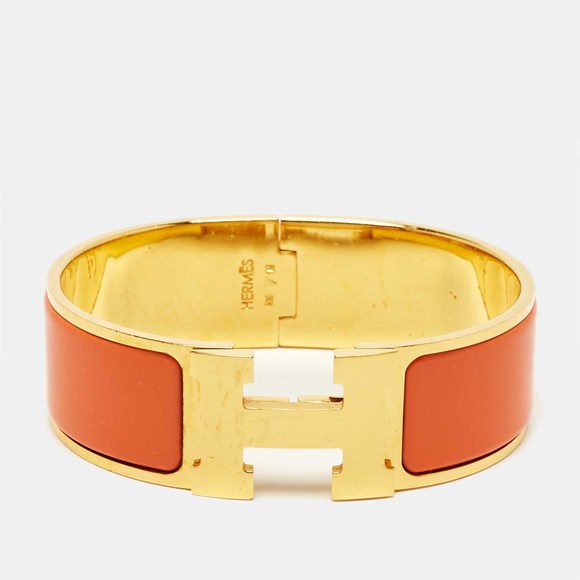 Hermes | Jewelry | Hermes Clic Clac H Orange Enamel Gold Plated Wide Bracelet | Poshmark